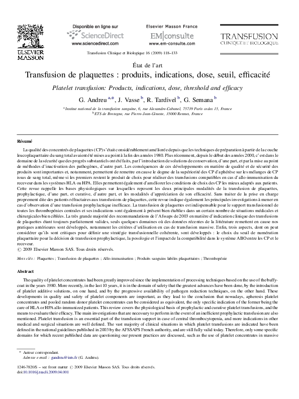 (PDF) [Platelet transfusion: products, indications, dose, threshold and ...