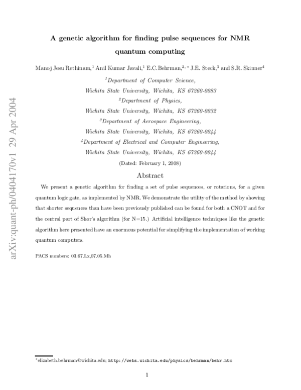 (PDF) A genetic algorithm for finding pulse sequences for NMR quantum computing