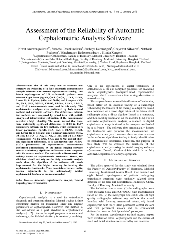 (PDF) Assessment of the Reliability of Automatic Cephalometric Analysis Software