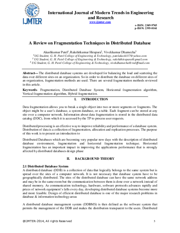 Pdf A Review On Fragmentation Techniques In Distributed Database
