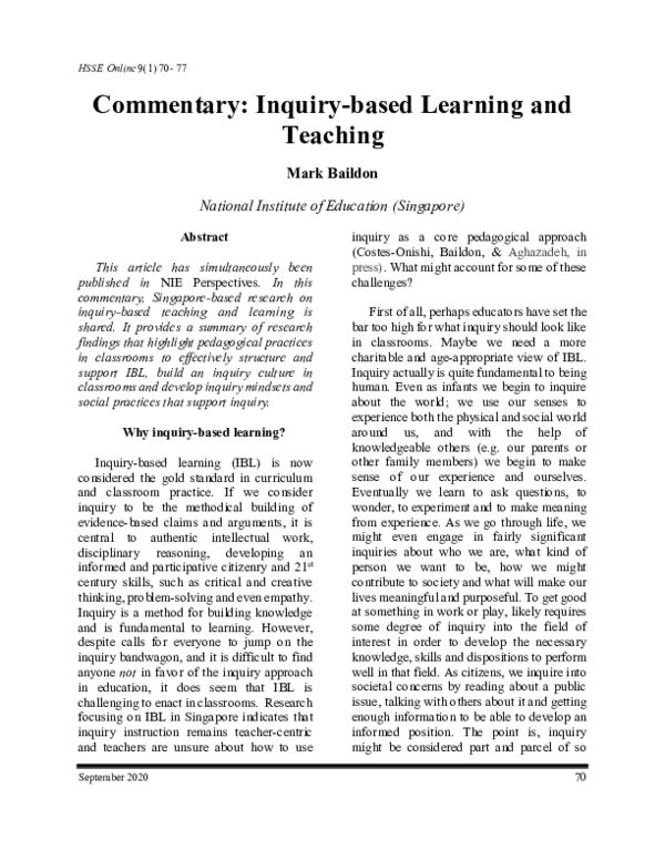 (PDF) Commentary: Inquiry-based Learning and Teaching