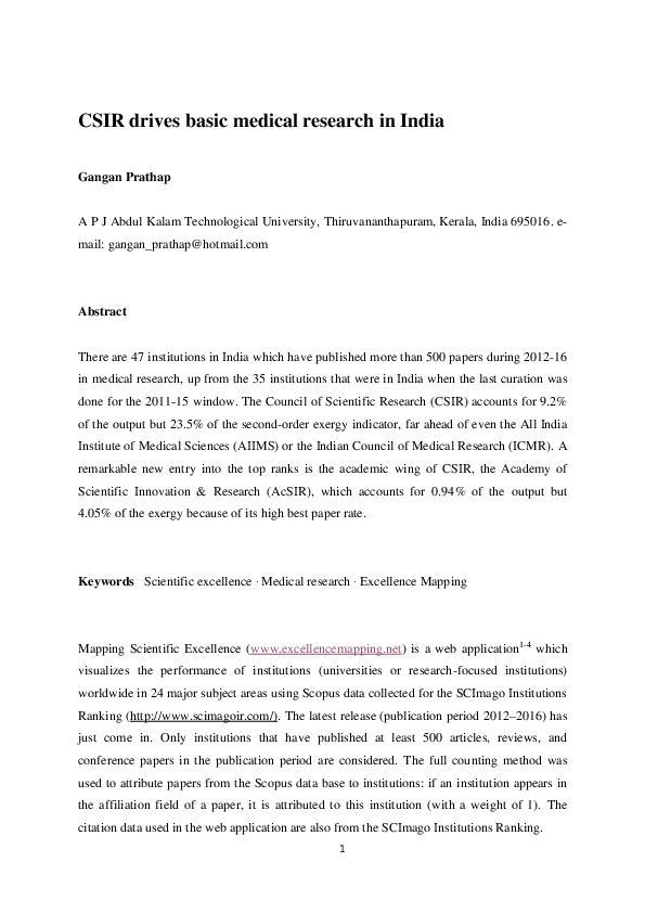 (PDF) CSIR drives basic medical research in India