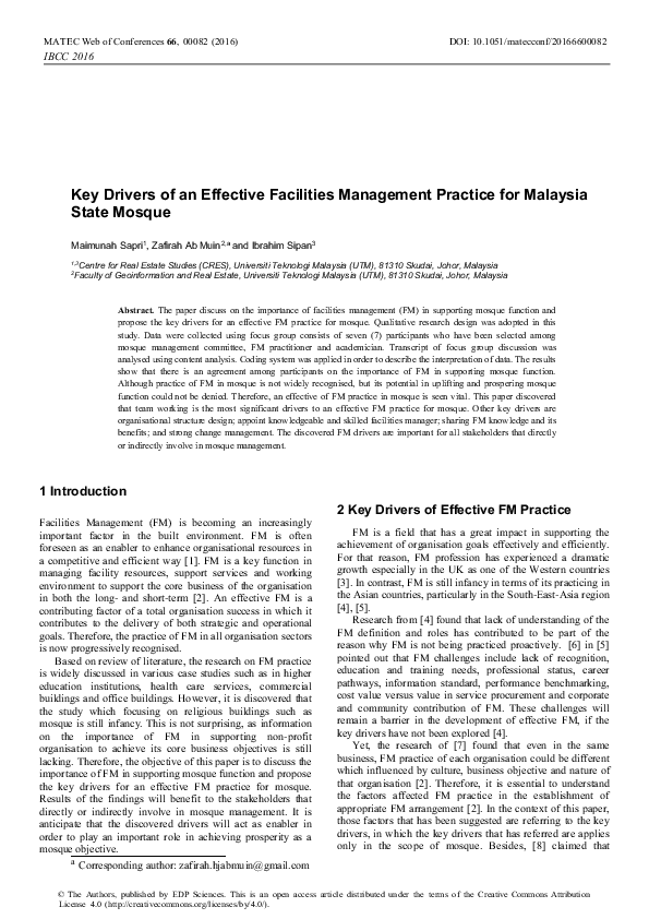 (PDF) Key Drivers of an Effective Facilities Management Practice for ...