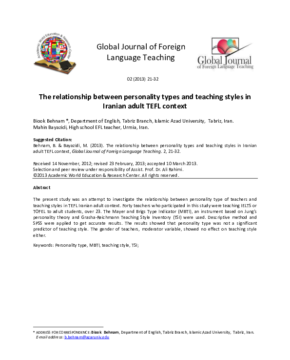 (PDF) The relationship between personality types and teaching styles in ...