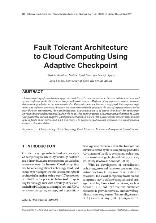 (PDF) Fault Tolerant Architecture to Cloud Computing Using Adaptive Checkpoint