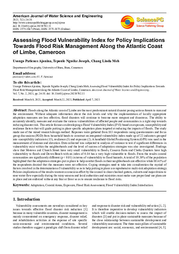 (PDF) Assessing Flood Vulnerability Index for Policy Implications Towards Flood Risk Management ...