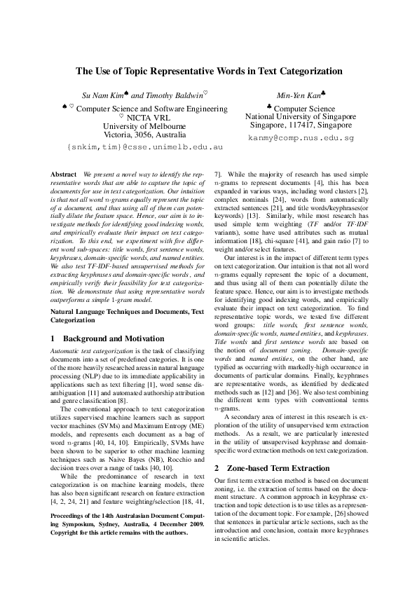 (PDF) The use of topic representative words in text categorization