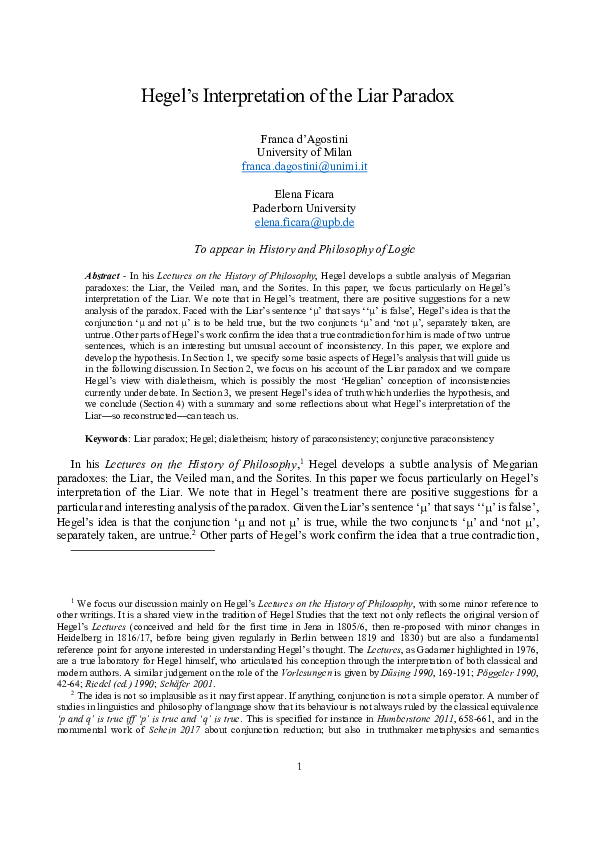 (PDF) Hegel's Interpretation of the Liar Paradox