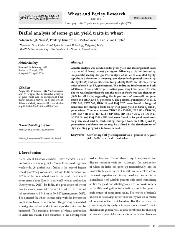 (PDF) Diallel analysis of some grain yield traits in wheat