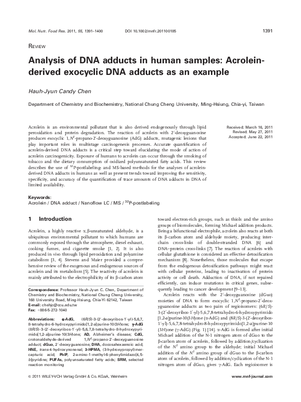 (PDF) Analysis of DNA adducts in human samples: Acrolein-derived ...