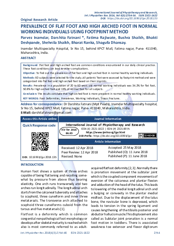 (PDF) Prevalence of Flat Foot and High Arched Foot in Normal Working ...