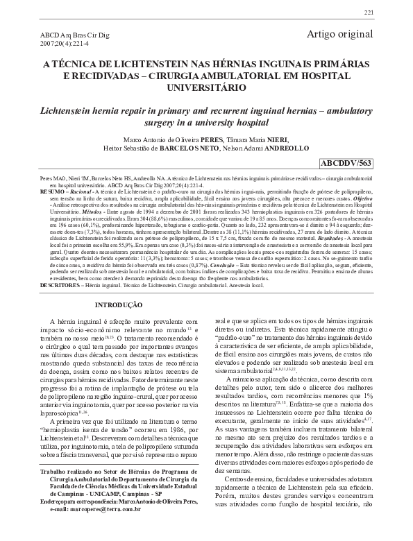 (PDF) A técnica de Lichtenstein nas hérnias inguinais primárias e ...