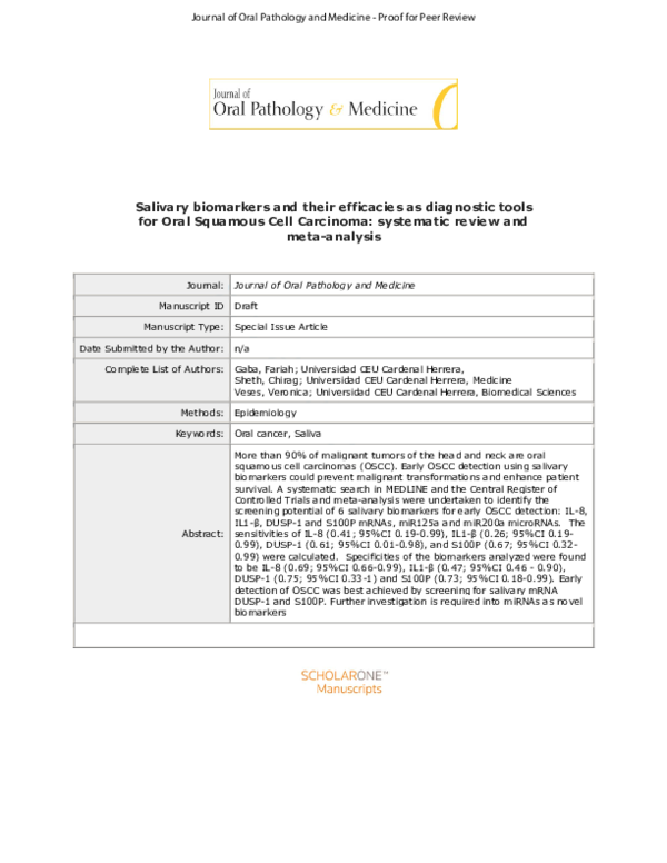 (PDF) Salivary biomarkers and their efficacies as diagnostic tools for Oral Squamous Cell ...