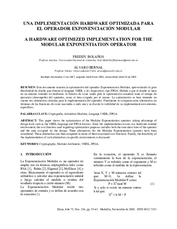 (PDF) A Hardware Optimized Implementation for the Modular Exponentiation Operator