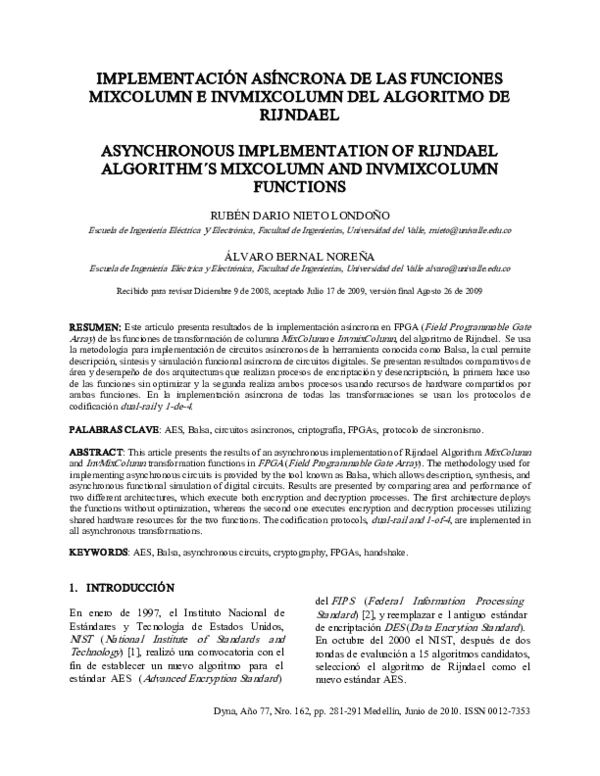 (PDF) Asynchronous Implementation of Rijndael Algorithm´s Mixcolumn and Invmixcolumn Functions
