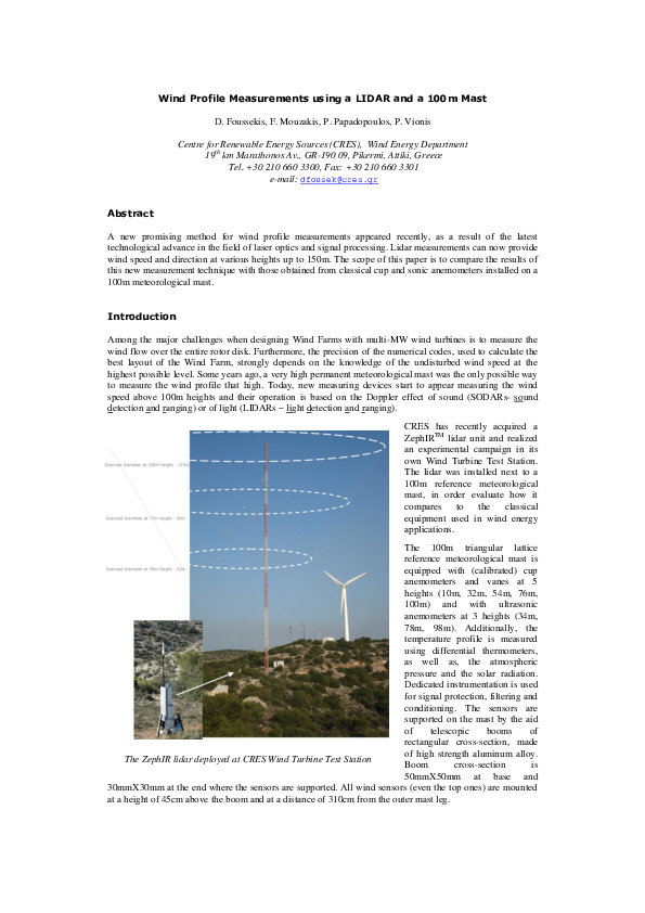 (PDF) Wind Profile Measurements using a LIDAR and a 100m Mast