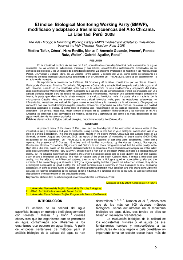 (PDF) El indice Biological Monitoring Working Party (BMWP), modificado ...