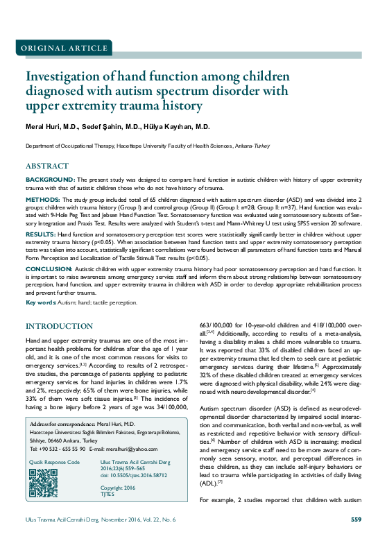(PDF) Evaluation of Hand Functions Among Children Diagnosed with Autism ...