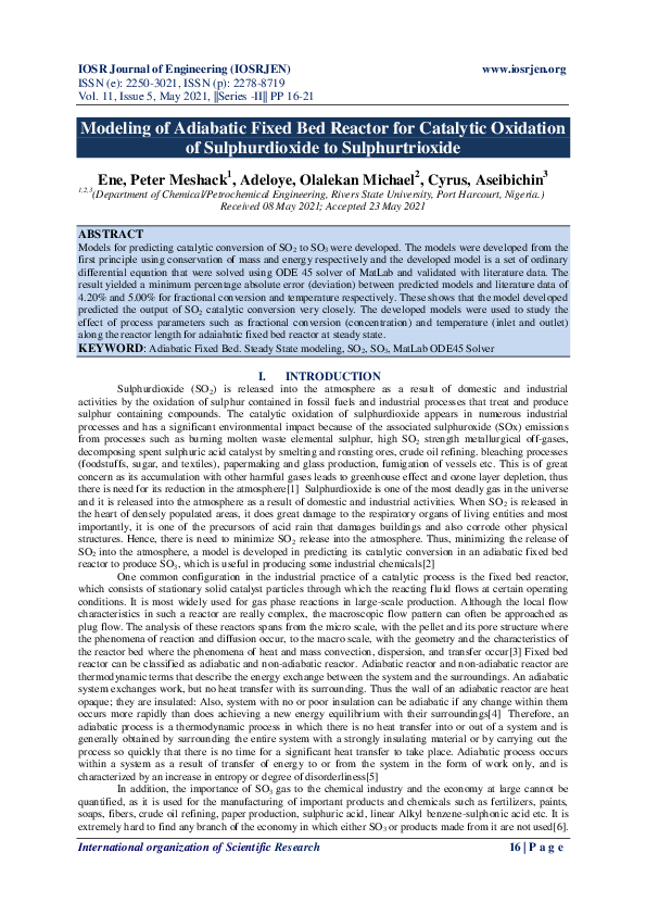 (PDF) Modeling of Adiabatic Fixed Bed Reactor for Catalytic Oxidation of Sulphurdioxide to ...