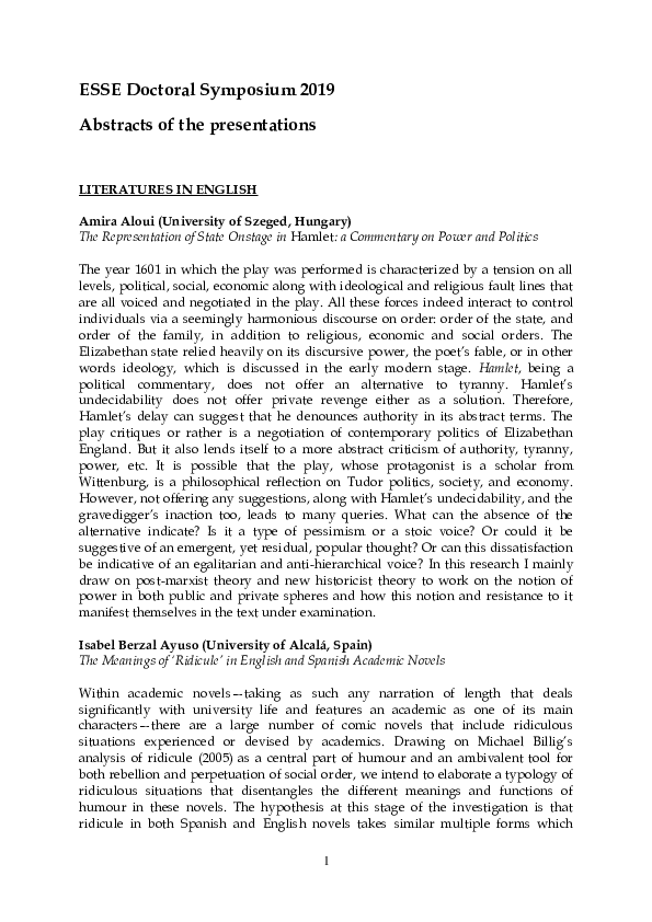 (PDF) ESSE Doctoral Symposium 2019 Abstracts of the presentations LITERATURES IN ENGLISH