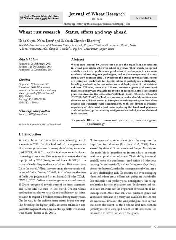 (PDF) Wheat rust research -Status, efforts and way ahead
