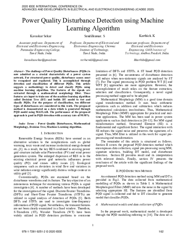 (PDF) Power Quality Disturbance Detection using Machine Learning Algorithm