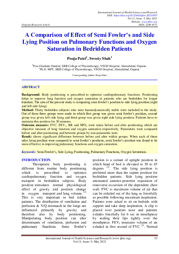 (PDF) A Comparison of Effect of Semi Fowler's and Side Lying Position ...