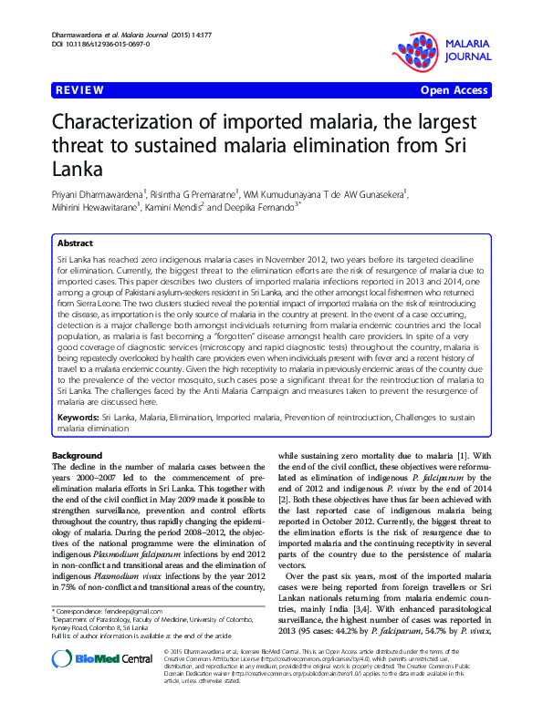 (PDF) Characterization of imported malaria, the largest threat to ...