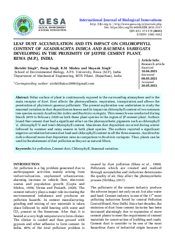 (PDF) LEAF DUST ACCUMULATION AND ITS IMPACT ON CHLOROPHYLL CONTENT OF ...