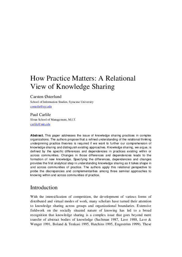 (PDF) How Practice Matters: A Relational View of Knowledge Sharing | Paul Carlile - Academia.edu