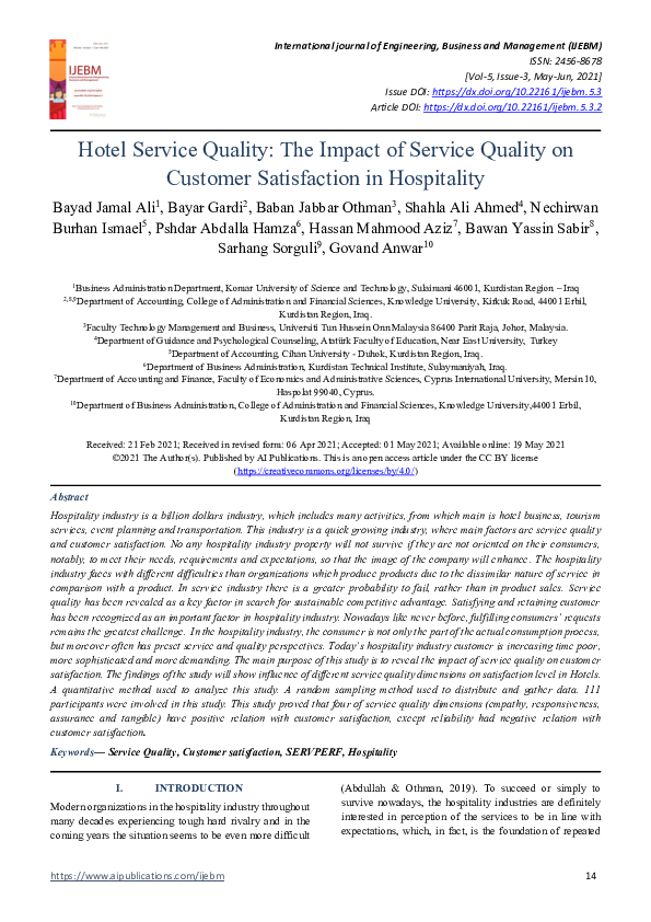 Pdf Hotel Service Quality The Impact Of Service Quality On Customer Satisfaction In Hospitality