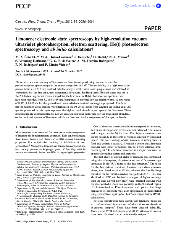 (PDF) Limonene: electronic state spectroscopy by high-resolution vacuum ultraviolet ...