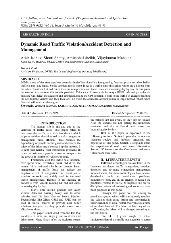 (PDF) Dynamic Road Traffic Violation/Accident Detection and Management