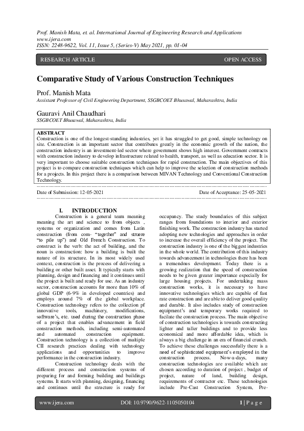 (PDF) Comparative Study of Various Construction Techniques
