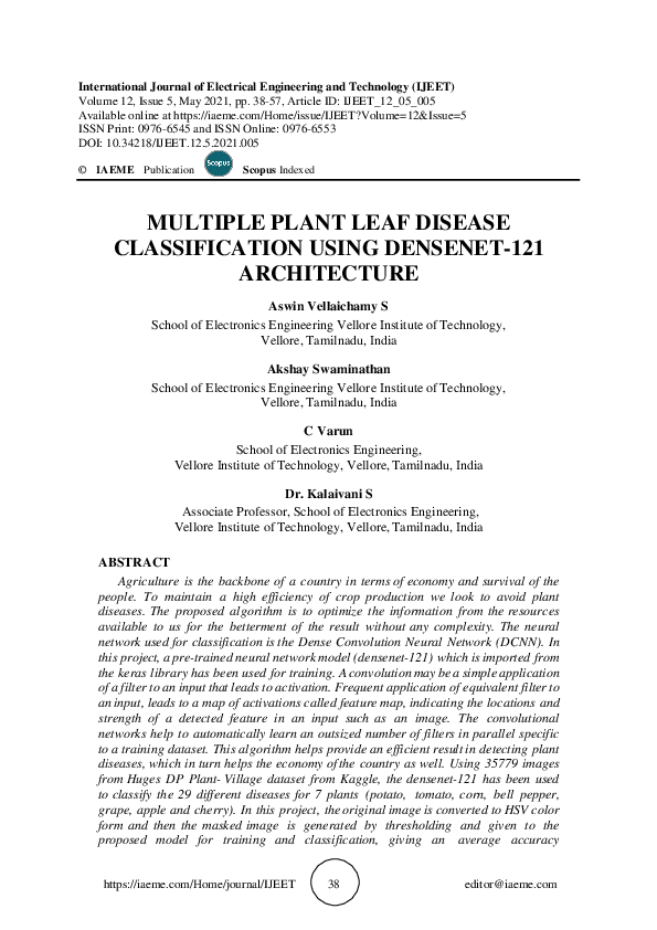 (PDF) MULTIPLE PLANT LEAF DISEASE CLASSIFICATION USING DENSENET-121 ARCHITECTURE