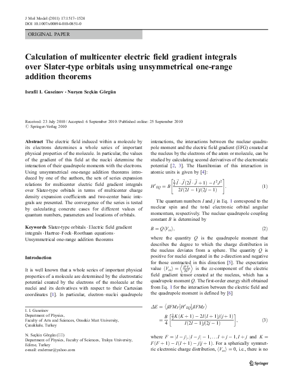 Pdf Calculation Of Multicenter Electric Field Gradient Integrals Over Slater Type Orbitals