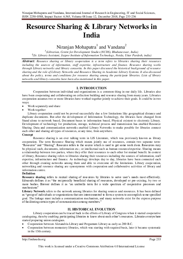 (PDF) Resource Sharing & Library Networks in India