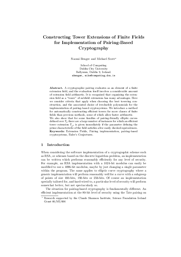 (PDF) Constructing Tower Extensions for the implementation of Pairing-Based Cryptography