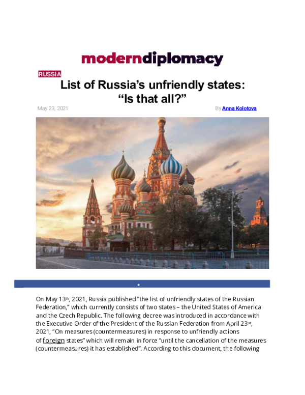 (PDF) The List of Russia's Unfriendly States: Is that All?, by Anna ...