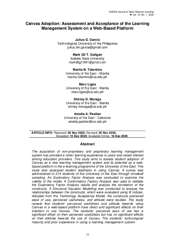(PDF) Canvas Adoption: Assessment and Acceptance of the Learning Management System on a Web ...