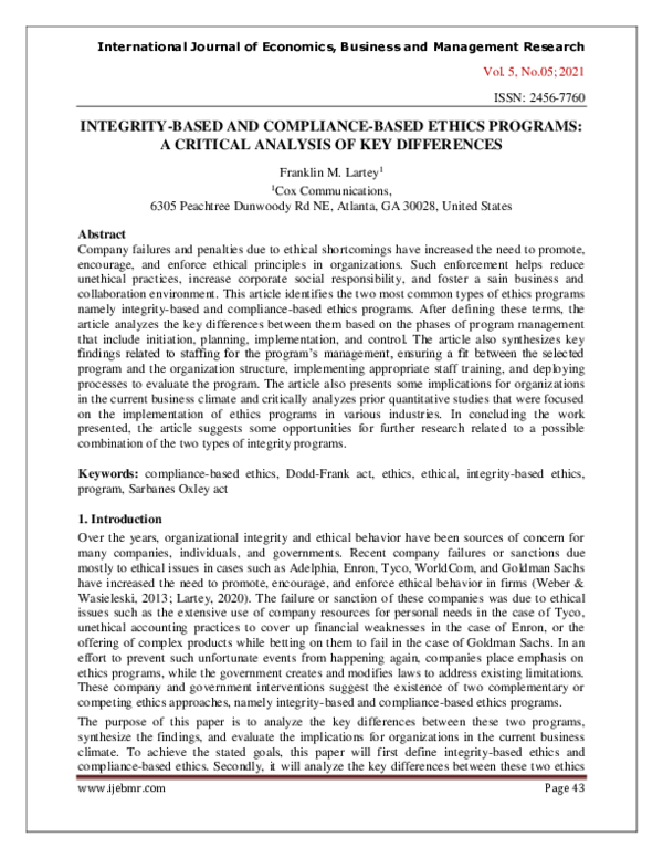 (PDF) Lartey, F. M. (2021) Integrity Based and Compliance Based Ethics Programs A Critical ...