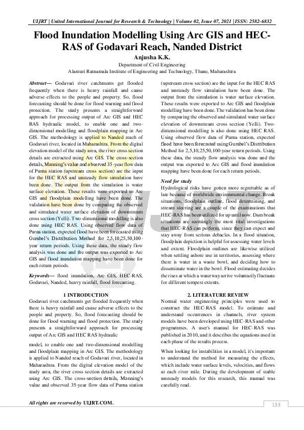 Pdf Flood Inundation Modelling Using Arc Gis And Hec Ras Of Godavari