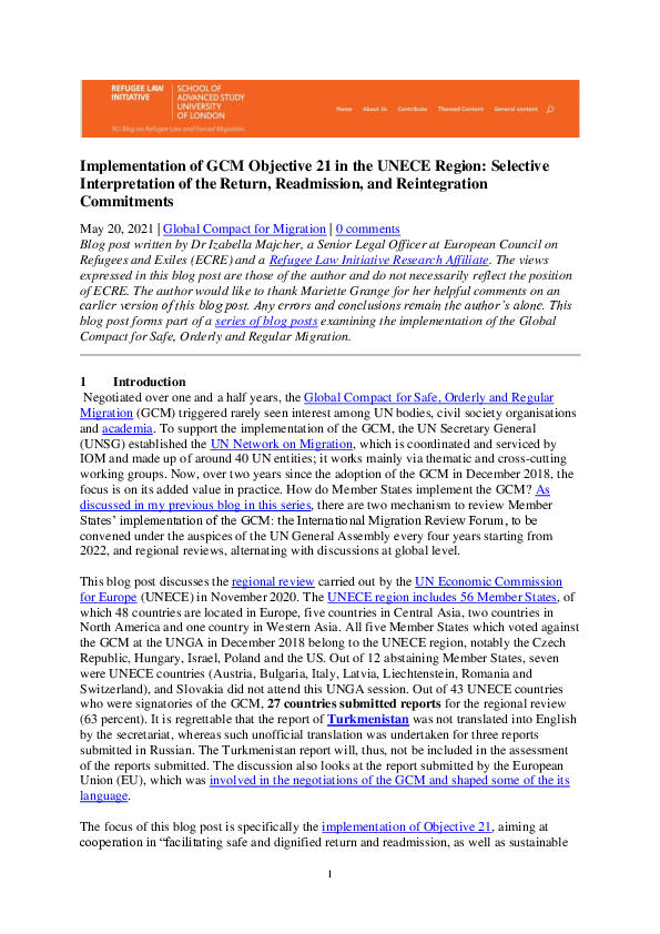 (PDF) Implementation of GCM Objective 21 in the UNECE Region: Selective Interpretation of the ...
