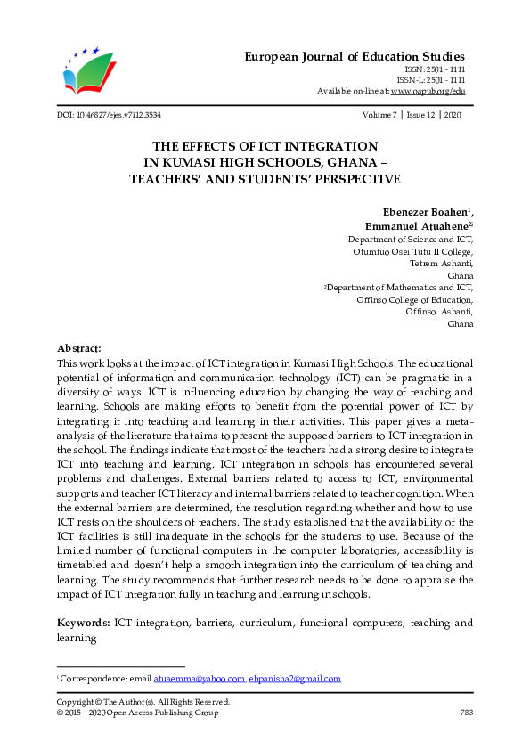 (PDF) THE EFFECTS OF ICT INTEGRATION IN KUMASI HIGH SCHOOLS, GHANA ...