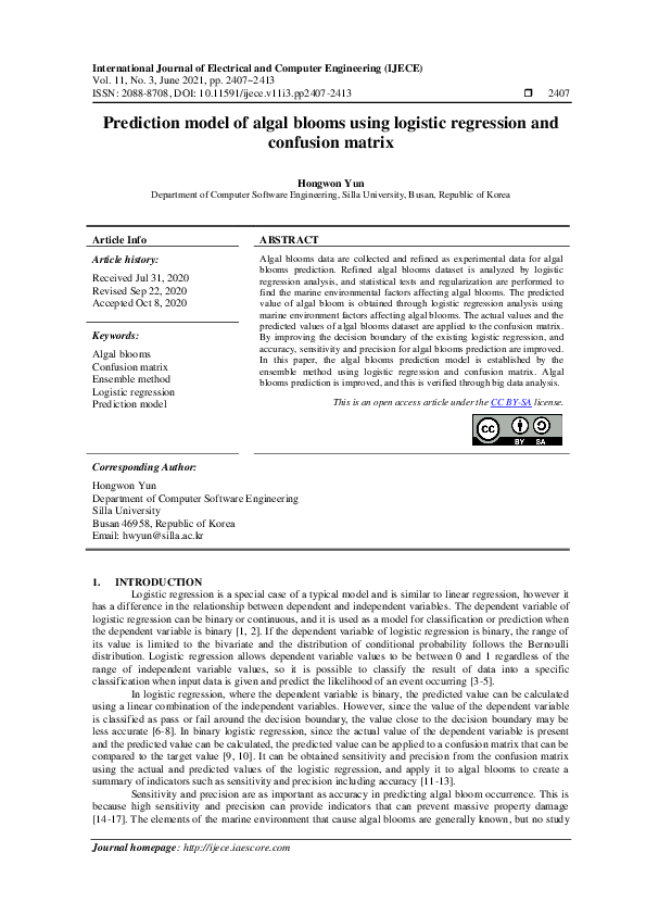 (PDF) Prediction model of algal blooms using logistic regression and ...