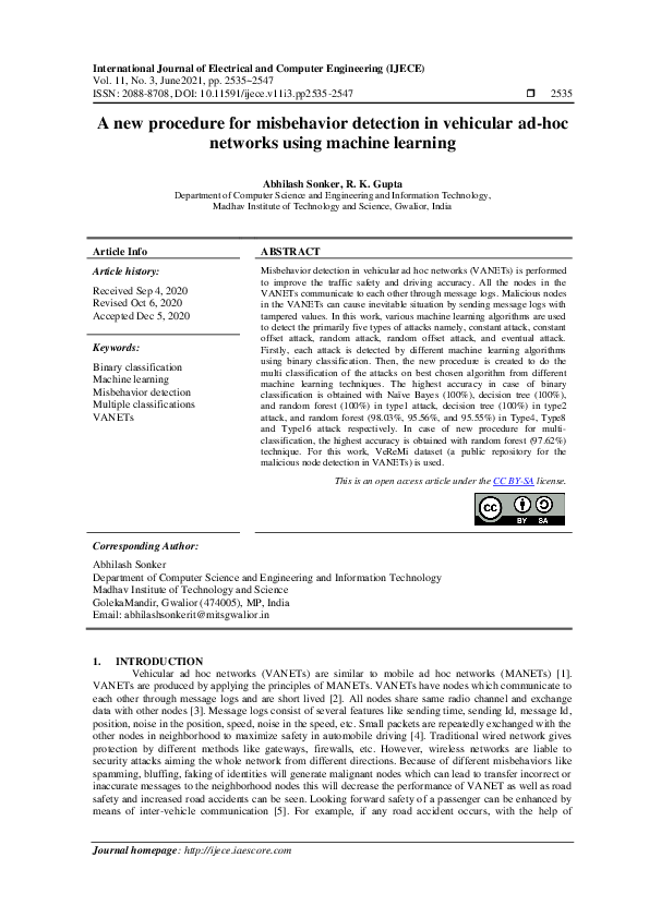 Pdf A New Procedure For Misbehavior Detection In Vehicular Ad Hoc