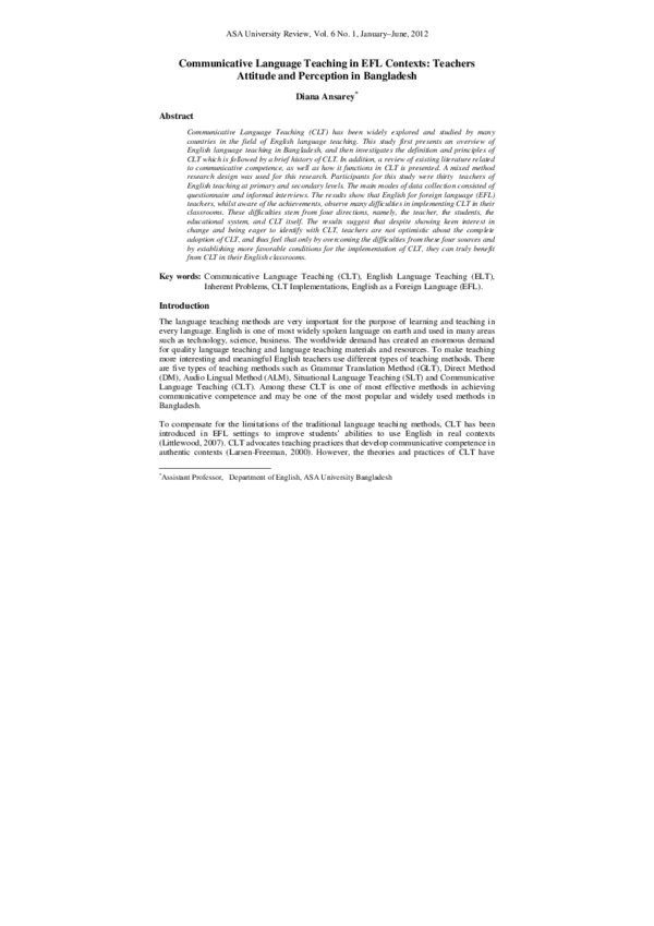 (PDF) Communicative Language Teaching in EFL Contexts: Teachers Attitude and Perception in ...
