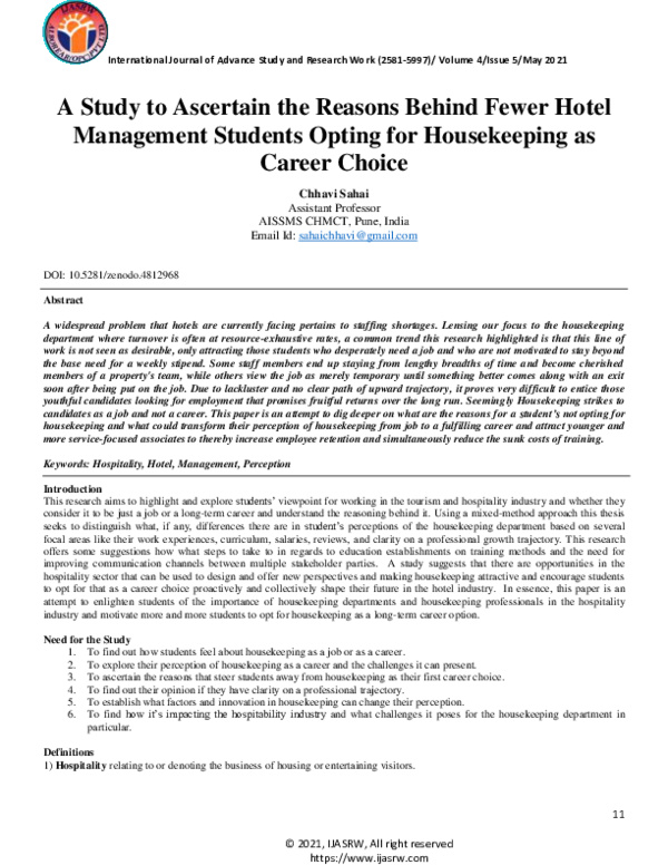 (PDF) A Study to Ascertain the Reasons Behind Fewer Hotel Management ...