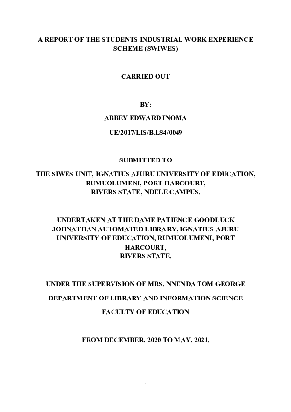 (DOC) A REPORT OF THE STUDENTS INDUSTRIAL WORK EXPERIENCE SCHEME ...
