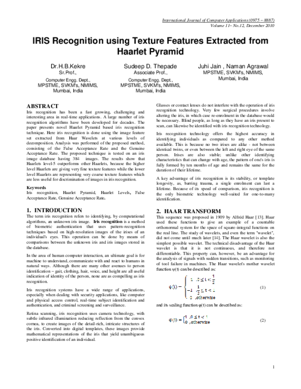 (PDF) IRIS Recognition using Texture Features Extracted from Haarlet Pyramid